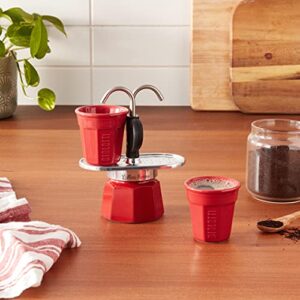 Bialetti - Mini Express Color: Moka Set includes Coffee Maker 2-Cup (2.8 Oz) + 2 shot glasses, Red, Aluminium