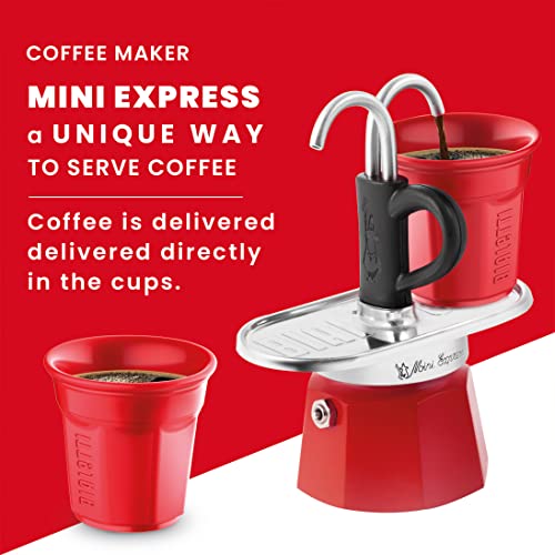 Bialetti - Mini Express Color: Moka Set includes Coffee Maker 2-Cup (2.8 Oz) + 2 shot glasses, Red, Aluminium