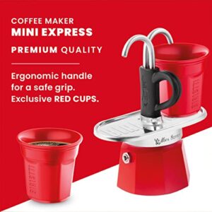 Bialetti - Mini Express Color: Moka Set includes Coffee Maker 2-Cup (2.8 Oz) + 2 shot glasses, Red, Aluminium