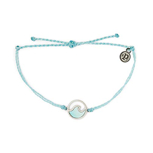 Pura Vida Silver Stone Wave Bracelet w/Plated Charm - Adjustable Band, 100% Waterproof - Crystal Blue