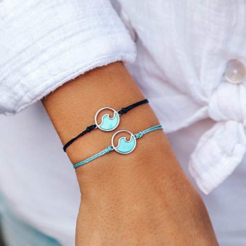 Pura Vida Silver Stone Wave Bracelet w/Plated Charm - Adjustable Band, 100% Waterproof - Crystal Blue