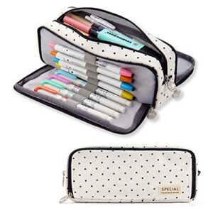 angoobaby large pencil case big capacity 3 compartments canvas pencil pouch for teen boys girls school students (black dot)