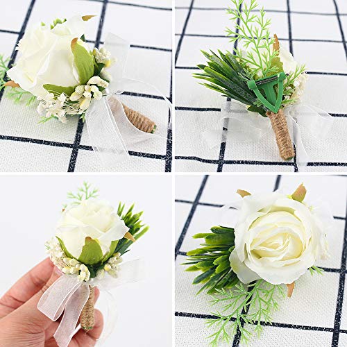 JOHOUSE 2Pcs Rose Wrist Corsage Wristlet Band Bracelet and Men Boutonniere Set,Groom Groomsman Best Man and Girl Brides Wedding Flowers Accessories Prom Suit Decoration,White