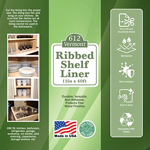 612 Vermont 12" x 40' Clear Ribbed, Waterproof, Non-Adhesive Plastic Shelf Liner for Use in Kitchen Cabinets, Pantry, Wire Shelves, Under Sink, Refrigerators and More.