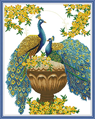 Maydear Cross Stitch Kits Stamped Full Range of Embroidery Starter Kits for Beginners DIY 11CT 3 Strands - Lucky Peacocks 24.02×29.53 inch