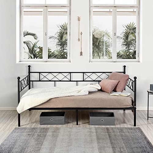 Symylife Twin Daybed Frame MetalTwin Bed with Headboard, Stable Steel Slats Support, Easy Assembly, Mattress Platform Bed Sofa for Living Room Guest Room,Black