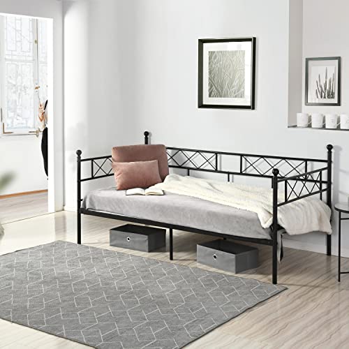 Symylife Twin Daybed Frame MetalTwin Bed with Headboard, Stable Steel Slats Support, Easy Assembly, Mattress Platform Bed Sofa for Living Room Guest Room,Black