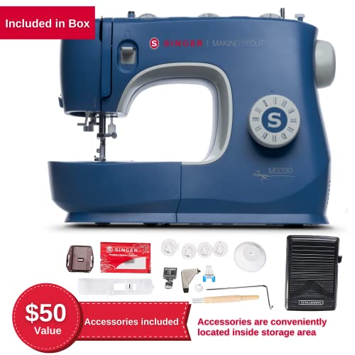 SINGER Making The Cut Sewing Machine with 97 Stitch Applications & Accessory Kit M3330, Simple & Easy To Use, Perfect For Beginners, Blue.