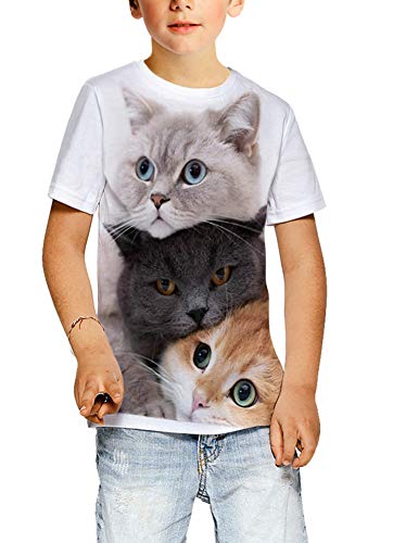 Ainuno Cat Shirts for Girls Boys Kids Cute Summer Clothes Short Sleeve Graphic Tees White Crewneck Size 7 8 Years Old,Cat