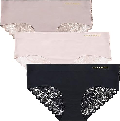 Vince Camuto Women's Underwear ? Seamless Lace Hipster Briefs (3 Pack), Size Medium, Black/Soft Violet/Taupe