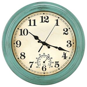 12 inch indoor/outdoor retro waterproof wall clock with thermometer,vintage battery operated silent non ticking quartz clock wall decorative for kitchen/bedroom/living room/bathroom/patio-olive green