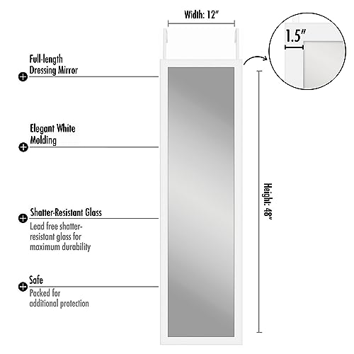 Americanflat 12x48 White Over The Door Mirror with Hanging Brackets - Door Mirrors for Bedroom Full Length, Bathroom, Dorm - Long Full Body Mirror with Hanger and Shatter-Resistant Glass