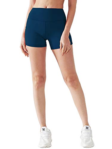 CADMUS Women's High Waist Yoga Shorts Spandex Running Side Pockets, 16#, Navy & Grey & Black,Medium