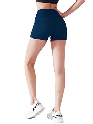 CADMUS Women's High Waist Yoga Shorts Spandex Running Side Pockets, 16#, Navy & Grey & Black,Medium