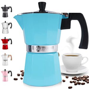 zulay classic italian style 5.5 espresso cup moka pot, classic stovetop espresso maker for great flavored strong espresso, makes delicious coffee, easy to operate & quick cleanup pot (blue)