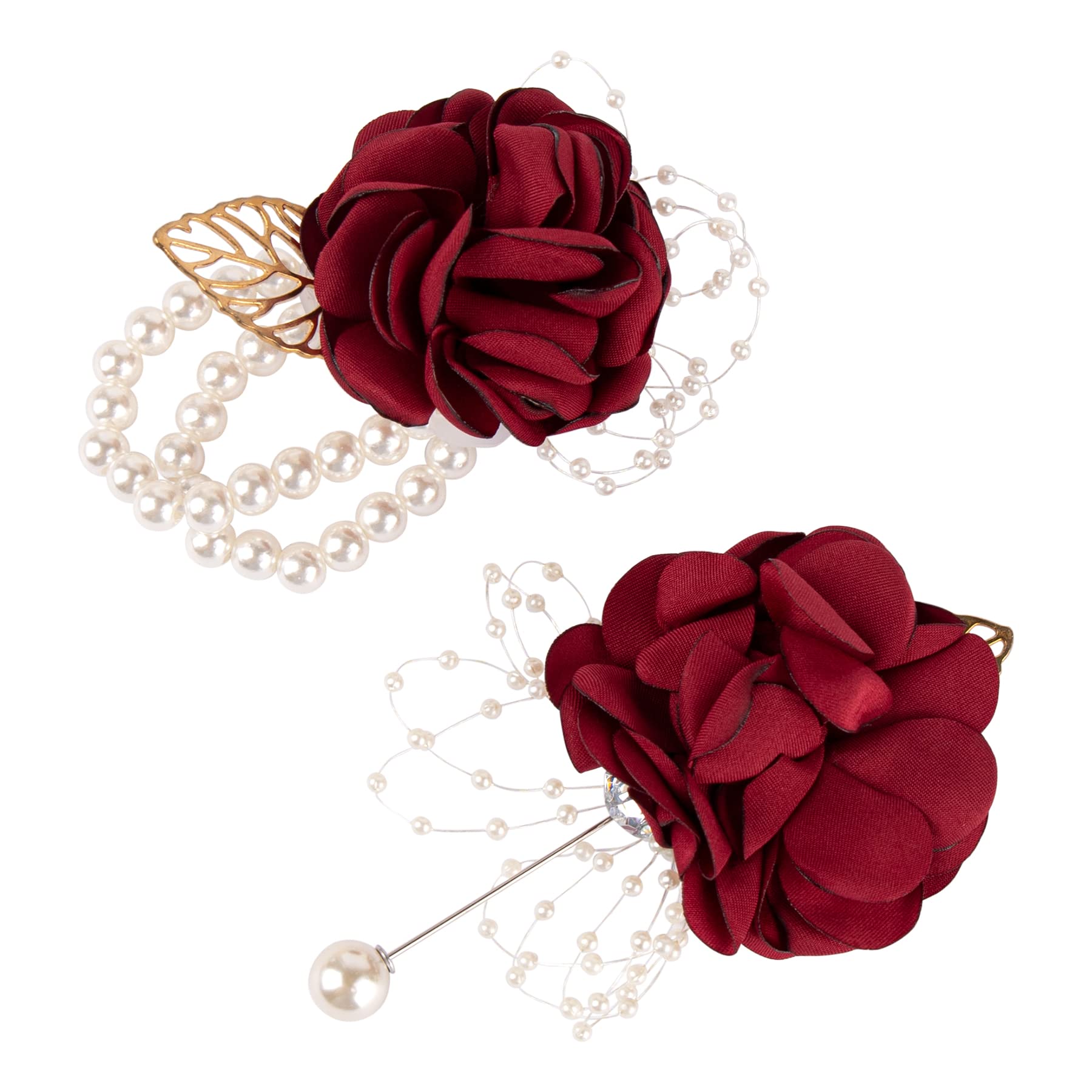 AUEAR, Rose Bridal Burgundy Red Wrist Corsage and Boutonniere Set Bridesmaid Hand Flower for Wedding