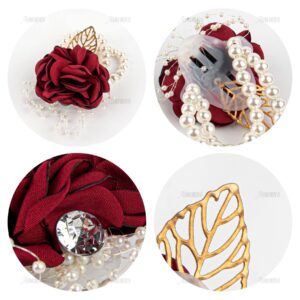 AUEAR, Rose Bridal Burgundy Red Wrist Corsage and Boutonniere Set Bridesmaid Hand Flower for Wedding