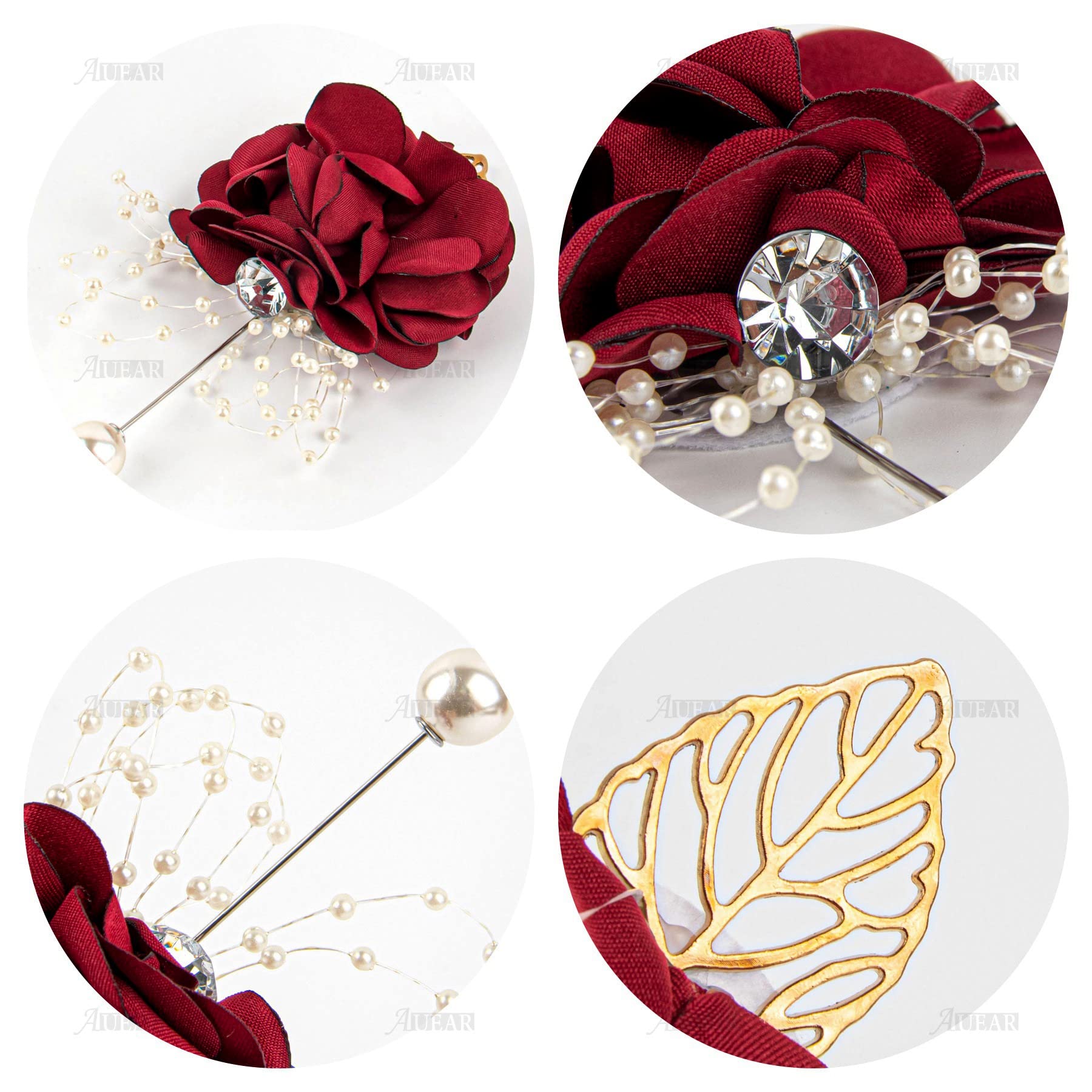 AUEAR, Rose Bridal Burgundy Red Wrist Corsage and Boutonniere Set Bridesmaid Hand Flower for Wedding