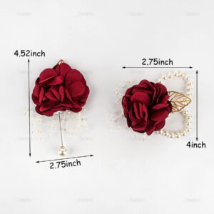 AUEAR, Rose Bridal Burgundy Red Wrist Corsage and Boutonniere Set Bridesmaid Hand Flower for Wedding