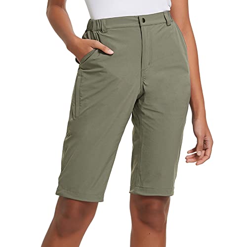 BALEAF Women's Hiking Shorts Bermuda Long Knee Length Quick Dry Stretch Elastic Waist for Camping, Travel Sage Green Size L