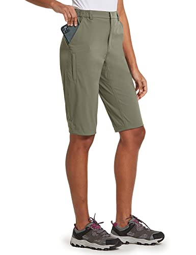 BALEAF Women's Hiking Shorts Bermuda Long Knee Length Quick Dry Stretch Elastic Waist for Camping, Travel Sage Green Size L