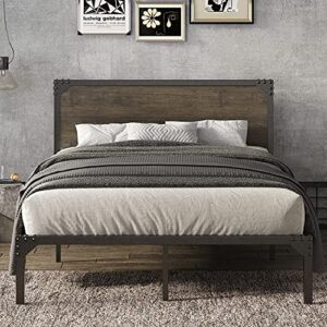 allewie full size bed frame with wood headboard, metal platform frame with strong slats and rivet decoration, easy assembly, no box spring needed, noise free, brown