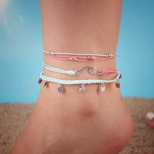 Lynnaneo Waterproof String Anklets Cute Beaded Ankle Bracelets Boho Wave Anklet Stainless Steel Coin Beach Foot Jewelry for Women Teen Girl(White)