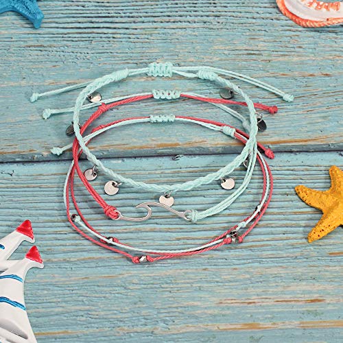 Lynnaneo Waterproof String Anklets Cute Beaded Ankle Bracelets Boho Wave Anklet Stainless Steel Coin Beach Foot Jewelry for Women Teen Girl(White)