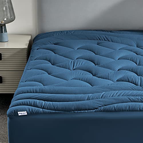 SLEEP ZONE King Size Cooling Mattress Pad, Premium Zoned Quilted Fitted Mattress Topper, Elastic Mattress Protector Cover, Machine Wash Durable, Deep Pocket 8-21 inch, Blue, King