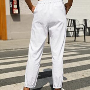 Tanming Linen Pants for Women Summer Casual High Waisted Drawstring White Beach Pant (White, M)