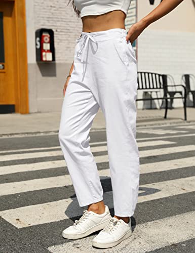 Tanming Linen Pants for Women Summer Casual High Waisted Drawstring White Beach Pant (White, M)