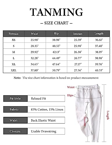 Tanming Linen Pants for Women Summer Casual High Waisted Drawstring White Beach Pant (White, M)