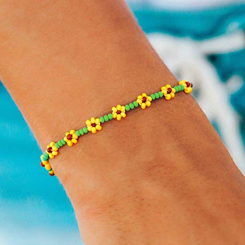 Pura Vida Sunflower Flower Seed Bead Bracelet - Waterproof, Adjustable - Green