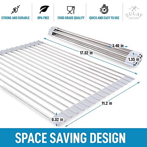 Zulay Kitchen 17.5" Multipurpose Roll Up Dish Drying Rack & Trivet - Heavy Duty, Silicone-Coated Stainless Steel Roll Up Rack, Rolls Out Over Any Sink - Versatile Roll Up Sink Drying Rack