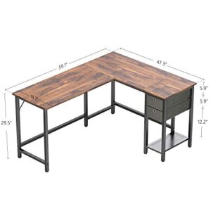 Cubiker L-Shaped Computer Desk 60" with 2 Drawers and Shelves for Storage, Larger Gaming Corner Desk Workstation, Home Office Sturdy Writing Table, Space-Saving, Easy to Assemble, Deep Rustic