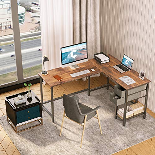 Cubiker L-Shaped Computer Desk 60" with 2 Drawers and Shelves for Storage, Larger Gaming Corner Desk Workstation, Home Office Sturdy Writing Table, Space-Saving, Easy to Assemble, Deep Rustic