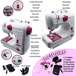 Sew Mighty Mini Sewing Machine – Portable, Battery & AC Powered, 12 Programmed Stitch Patterns, Dual Speed – Sews Forward & Reverse, AC Power or Battery Operated – Includes Foot Pedal