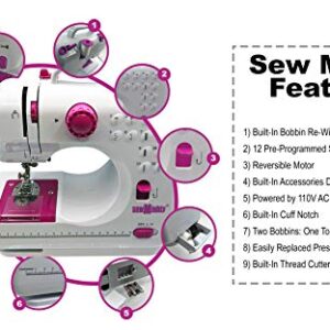 Sew Mighty Mini Sewing Machine – Portable, Battery & AC Powered, 12 Programmed Stitch Patterns, Dual Speed – Sews Forward & Reverse, AC Power or Battery Operated – Includes Foot Pedal