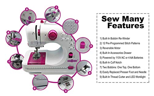 Sew Mighty Mini Sewing Machine – Portable, Battery & AC Powered, 12 Programmed Stitch Patterns, Dual Speed – Sews Forward & Reverse, AC Power or Battery Operated – Includes Foot Pedal