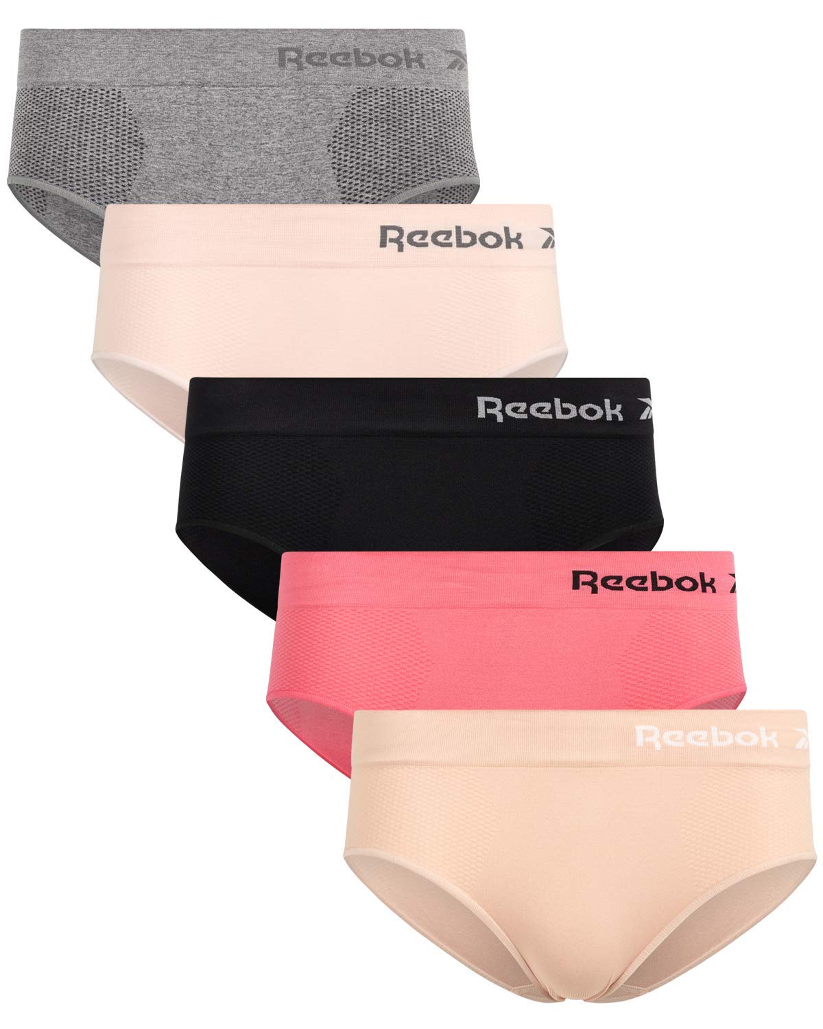 Reebok Women's Underwear - Seamless Hipster Briefs (5 Pack), Size Large, Black/Nude/Hot Pink/Pink Rose/Grey