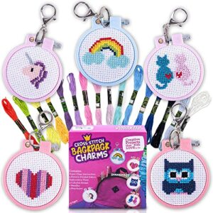 cross stitch kits for beginners. 5 stamped cross stitch kits for kids.needlepoint kits for beginners. embroidery kit for kids. crossstitch kit for beginners. girls cross stitch kit backpack charms