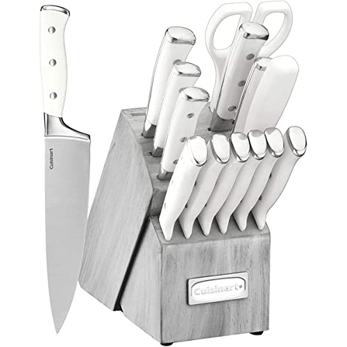 Cuisinart C77WTR-15PG Classic Forged Triple Rivet, 15-Piece Knife Set with Block, Superior High-Carbon Stainless Steel Blades for Precision and Accuracy, White/Grey