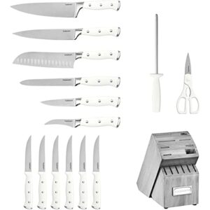 Cuisinart C77WTR-15PG Classic Forged Triple Rivet, 15-Piece Knife Set with Block, Superior High-Carbon Stainless Steel Blades for Precision and Accuracy, White/Grey