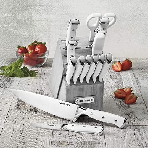 Cuisinart C77WTR-15PG Classic Forged Triple Rivet, 15-Piece Knife Set with Block, Superior High-Carbon Stainless Steel Blades for Precision and Accuracy, White/Grey