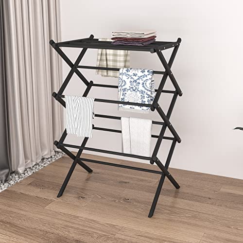 FKUO Household Indoor Folding Clothes Drying Rack, Dry Laundry and Hang Clothes,Towel Rack (Black)