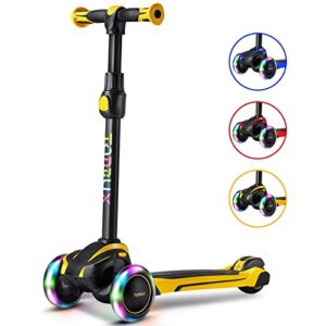 tonbux kids scooter for age 3-12, toddler scooter with 4 adjustable heights, light up 3-wheels scooter, shock absorption design, lean to steer, balance training scooter for kids - yellow