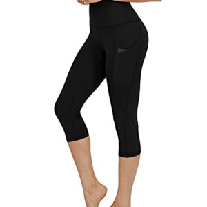 ODODOS Women's High Waisted Yoga Capris with Pockets,Tummy Control Non See Through Workout Sports Running Capri Leggings, Black,Medium