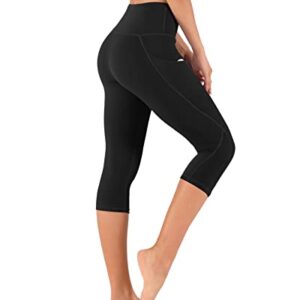 ODODOS Women's High Waisted Yoga Capris with Pockets,Tummy Control Non See Through Workout Sports Running Capri Leggings, Black,Medium