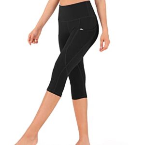 ODODOS Women's High Waisted Yoga Capris with Pockets,Tummy Control Non See Through Workout Sports Running Capri Leggings, Black,Medium