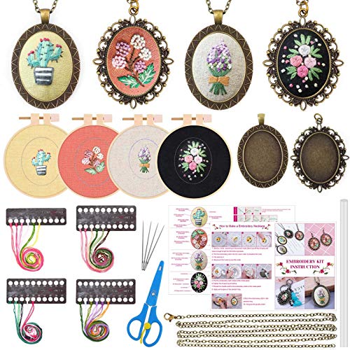 4 Packs Embroidery Kit for Beginners, Shynek 26 Pcs Mini Cross Stitch Kits Includes Stamped Embroidery Clothes with Flowers Pattern Embroidery Necklace Pendant Embroidery Hoops and Necklace Chains